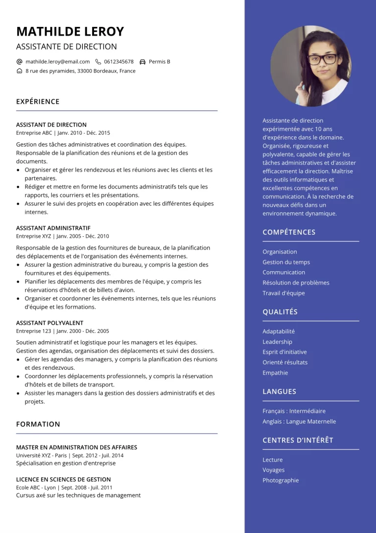 CV Assistante de direction : Modèle + Exemples à télécharger | Gratuit