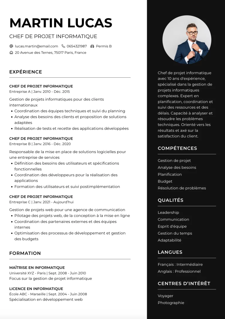 CV Chef de Projet : Modèle + Exemples à télécharger | Gratuit
