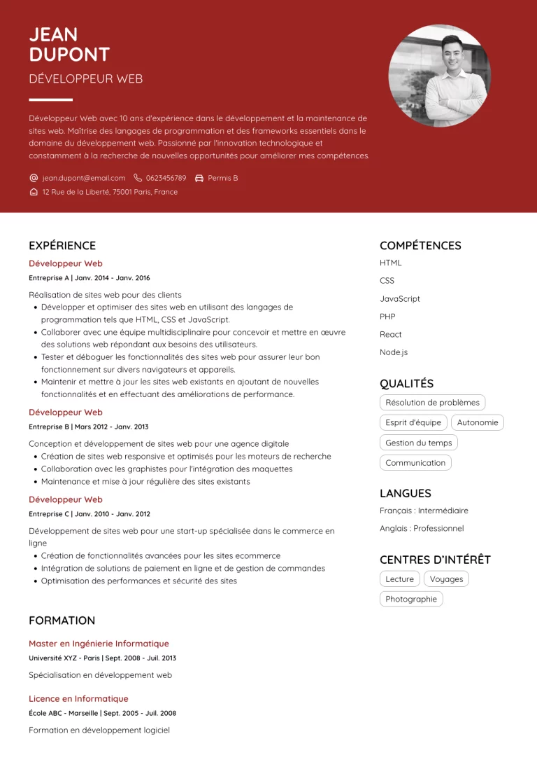 CV Développeur Web : Modèle + Exemples à télécharger | Gratuit