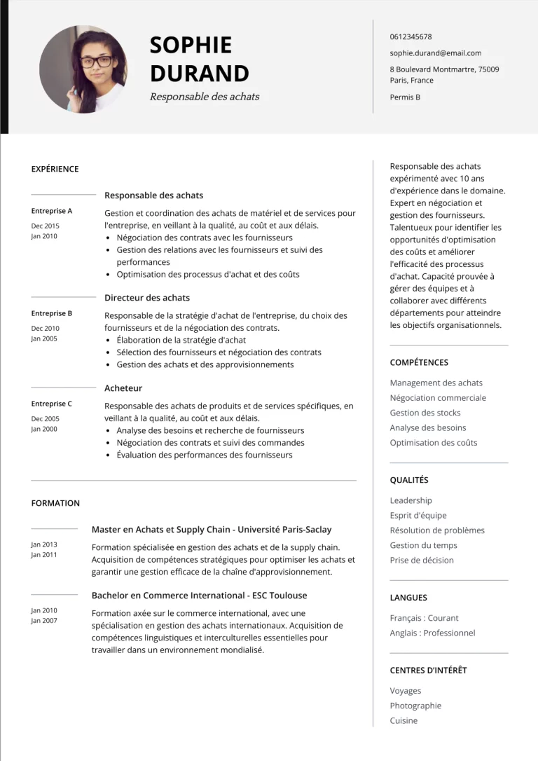 CV Responsable des Achats : Modèle + Exemples à télécharger | Gratuit