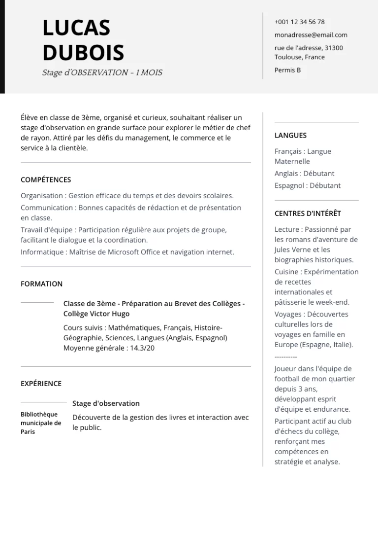 CV Stage de 3ème : Modèle + Exemples à télécharger | Gratuit