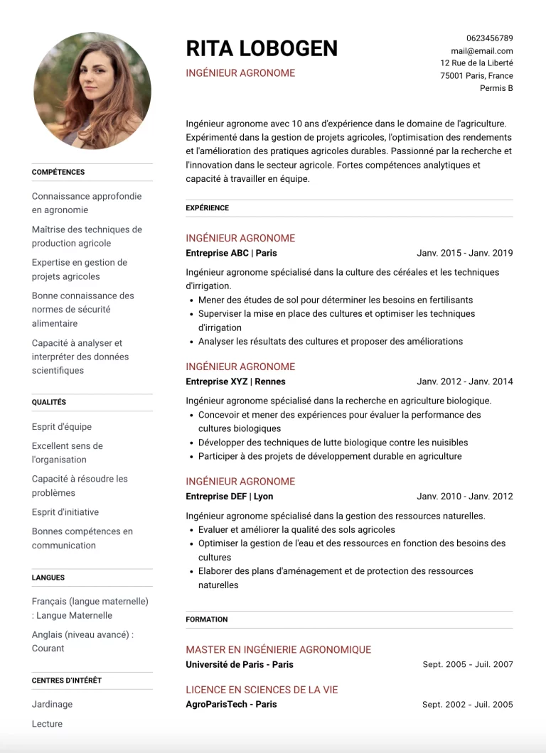 CV Ingénieur agronome : Modèle + Exemples à télécharger | Gratuit