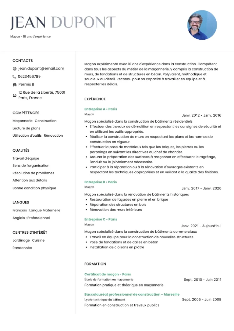 CV Maçon : Modèle + Exemples à télécharger | Gratuit