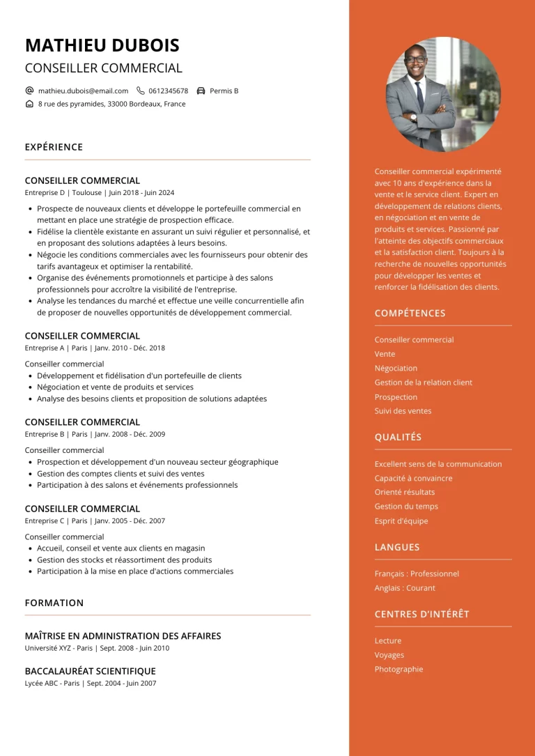 CV Conseiller Commercial : Modèle + Exemples à télécharger | Gratuit